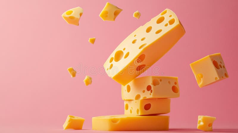 Stacked and Floating Swiss Cheese on Pink Background Stock Photo ...
