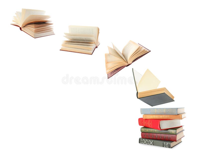 Stacked and Flying Books on White Background, Collage Stock Photo ...