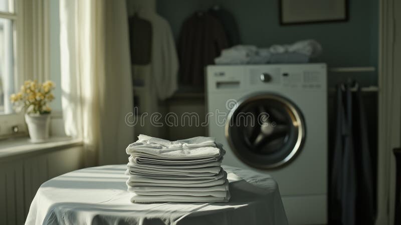 Stacked Folded Sheets and Linen on a White Table in the Bathroom, Stock ...