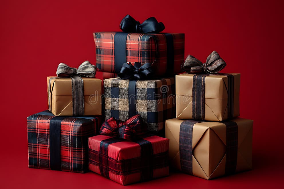 Stacked Gift Boxes Featuring Plaid Ribbon and Bows on a Red Background ...