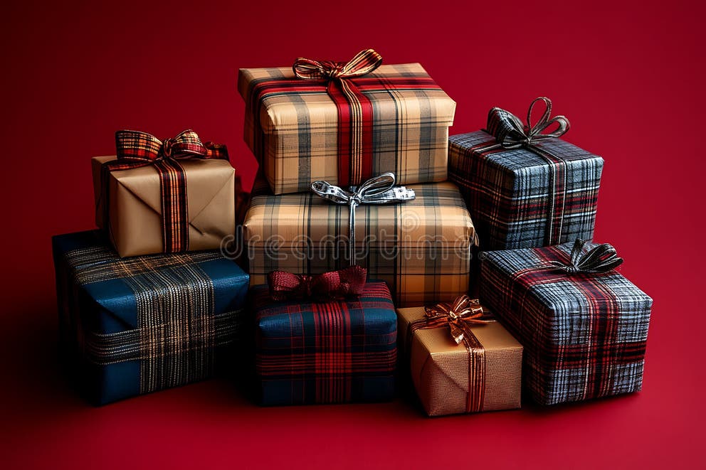 Stacked Gift Boxes with Plaid Wrapping and Ribbon Bows on Dark Red ...