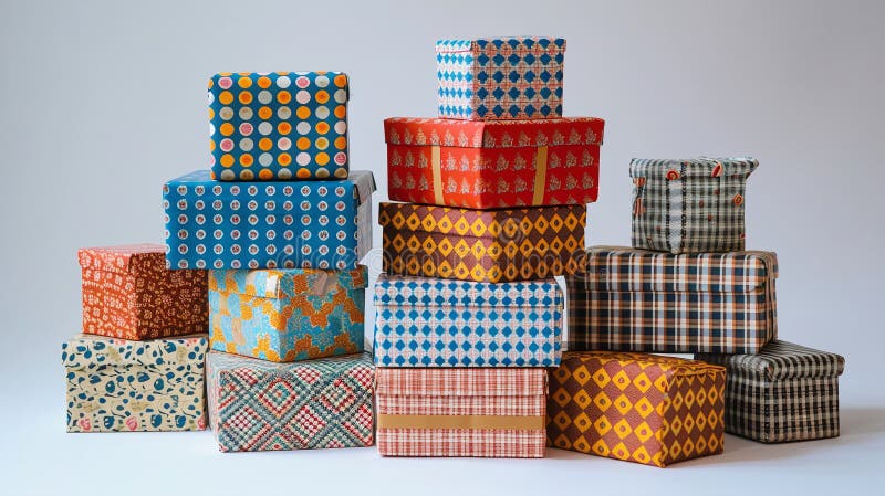 Stacked Gift Boxes with Vibrant Patterns on Plain White Background for ...