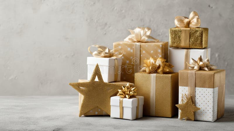 Stacked Gift Boxes Wrapped in Festive Paper with Shiny Gold Bows on a ...