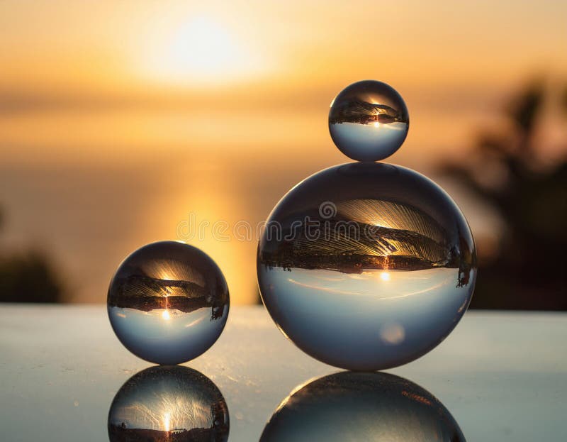 Stacked Glass Orbs on Mirrored Surface with Golden Hour Light Stock ...