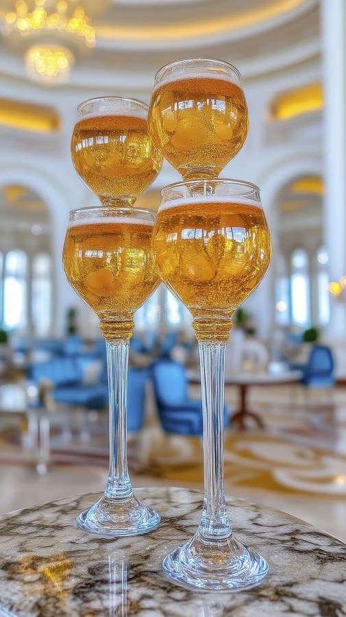 Stacked Glasses of Amber Liquid on Marble Surface Stock Illustration ...