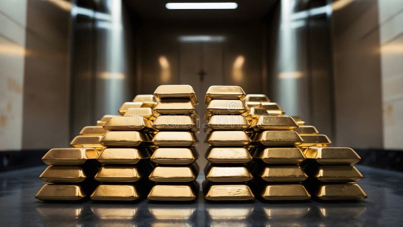 Stacked Gold Bars on Reflective Surface in Dim Light Stock Illustration ...