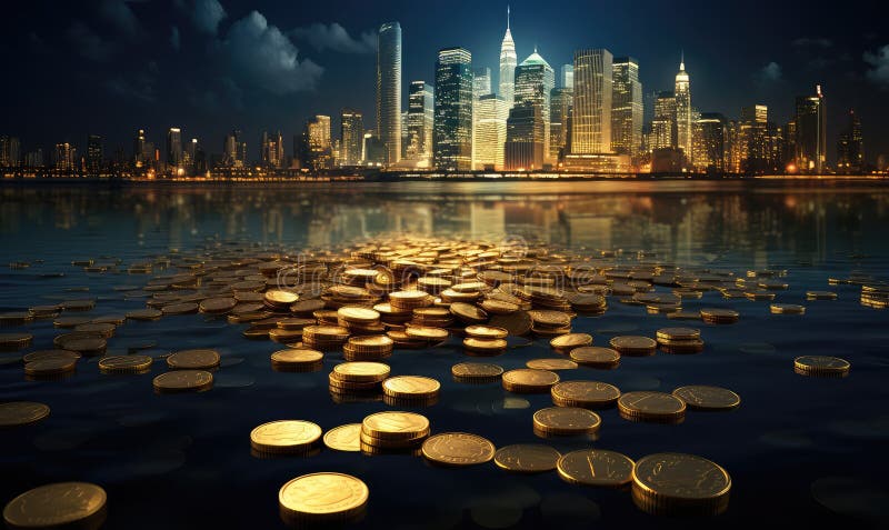 Stacked Gold Coins Against a City Skyline Stock Photo - Image of action ...