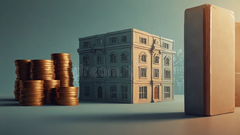 Stacked Gold Coins and Model of Vintage Building with Large Gold Bar in ...