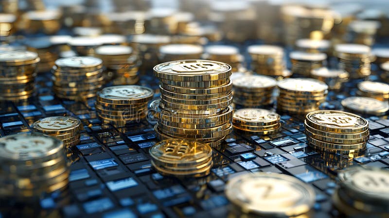 Stacked Golden Coins on a Digital Background Stock Illustration ...