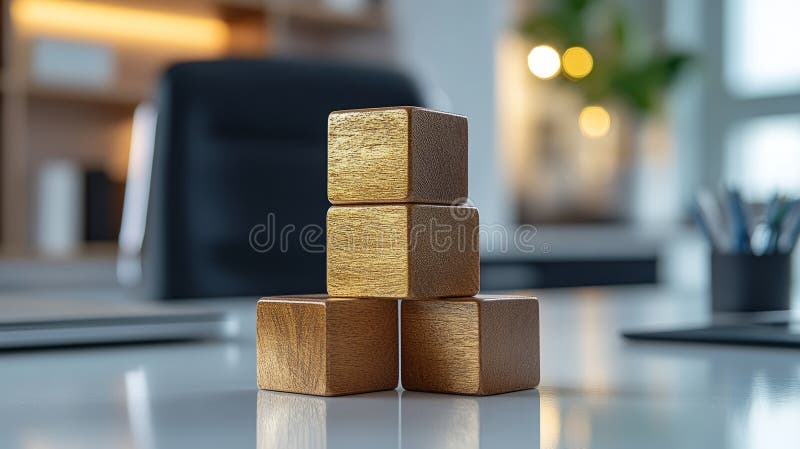 Stacked Golden Cubes on a Desk in an Office Setting Stock Photo - Image ...