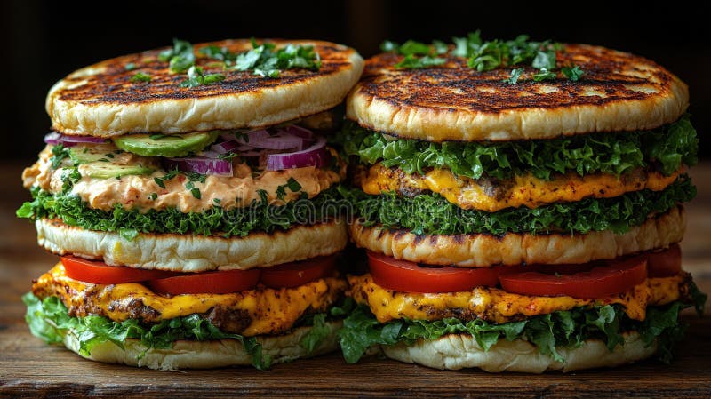 Stacked Gourmet Burgers with Fresh Toppings Stock Illustration ...