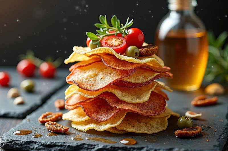 Stacked Gourmet Potato Chips with Tomatoes and Olives Stock Image ...