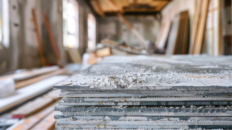 Stacked Gypsum Plasterboard in a Construction Setting with Natural ...
