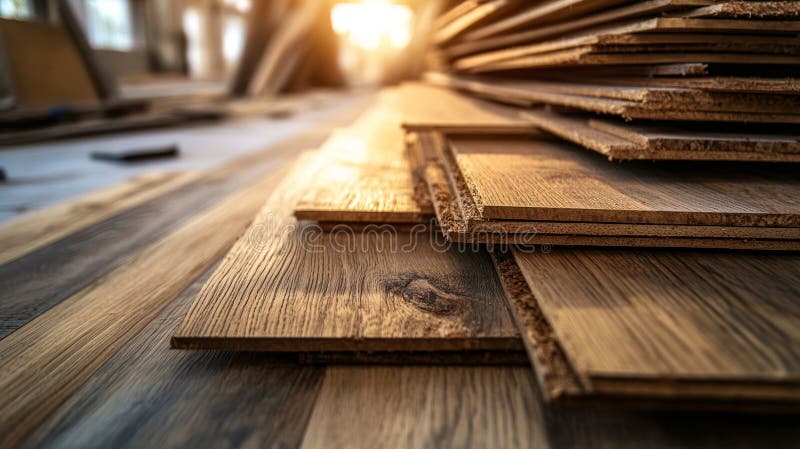Stacked Hardwood Flooring Materials with Soft Sun Rays Highlighting ...