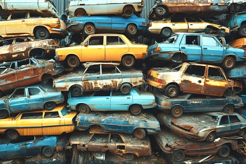 Stack of Abandoned Rusty Cars in Junkyard Representing Waste and Issues ...
