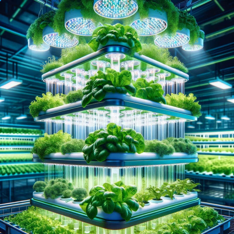 Stacked Hydroponic Shelves with Diverse Herbs and Leafy Greens, Bathed ...