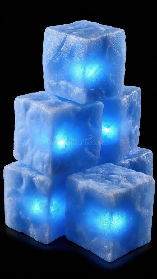 Stacked Illuminated Ice Cubes Glowing Bright Blue Against Dark ...