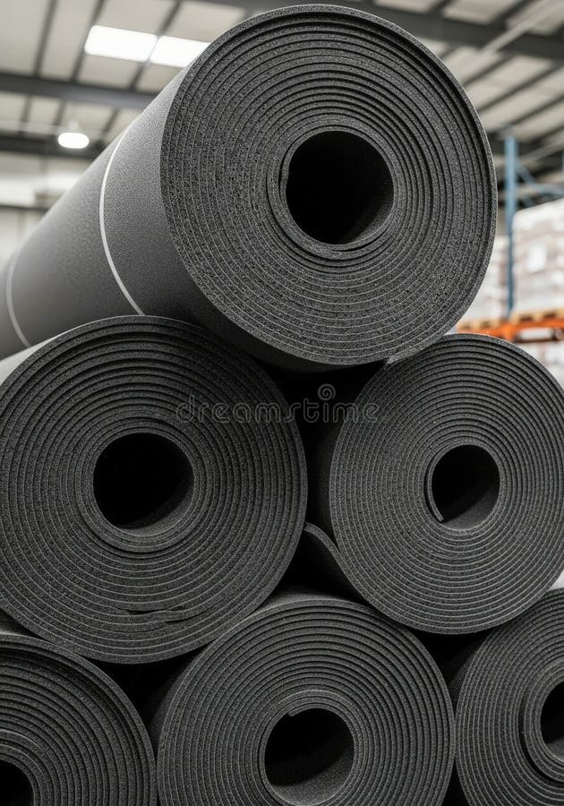 Stacked Industrial Black Foam Rolls in Warehouse Setting Stock Image ...