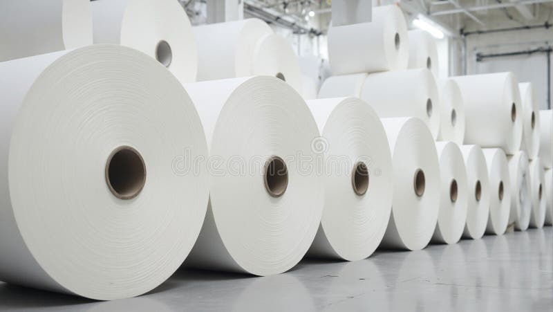 Stacked Industrial Paper Rolls in a Bright Clean Paper Mill Stock ...