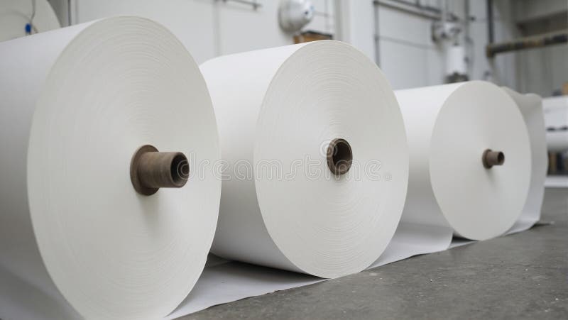 Stacked Industrial Paper Rolls in a Bright Clean Paper Mill Stock ...