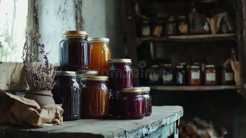 Stacked Jars of Honey and Jam on Table. Stock Image - Image of gold ...