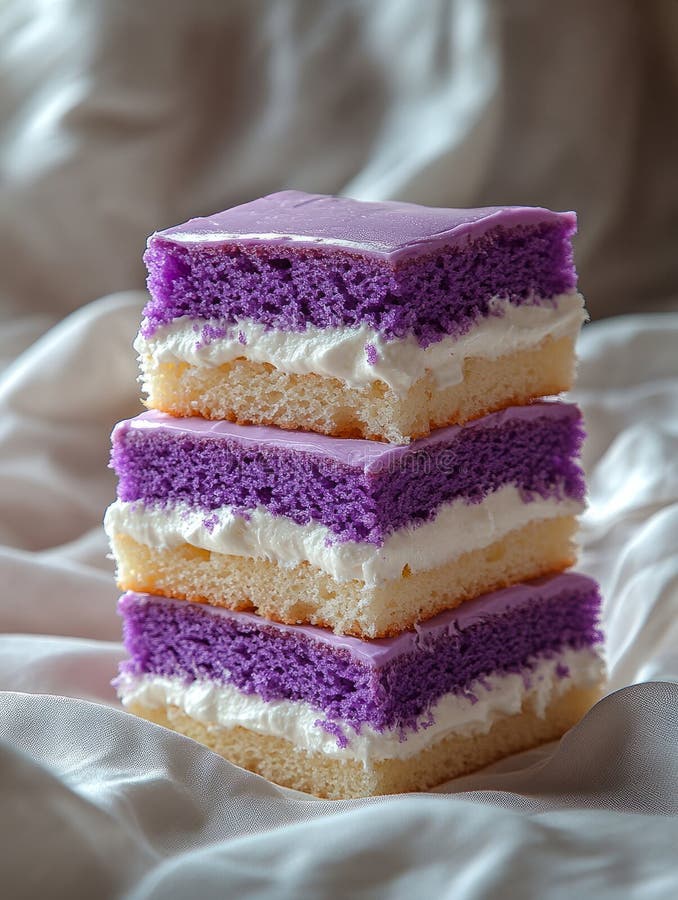 Stacked Layers of Purple and White Cake on Silk Fabric. Stock Image ...