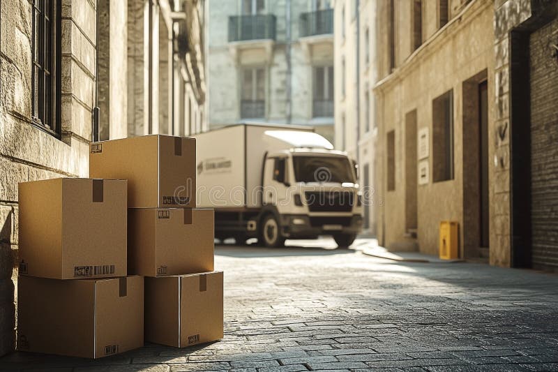 Stacked Light Brown Cardboard Boxes on the Street with a Delivery Truck ...