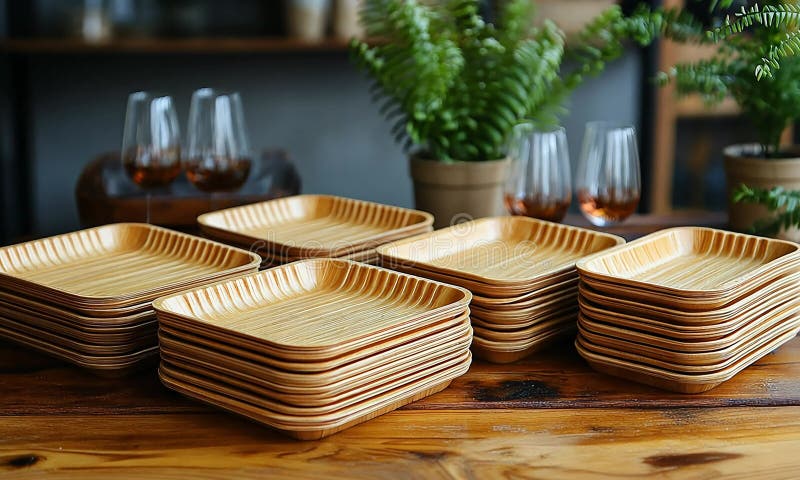 Stacked Light Brown Wooden Square Plates on a Wooden Table Stock ...