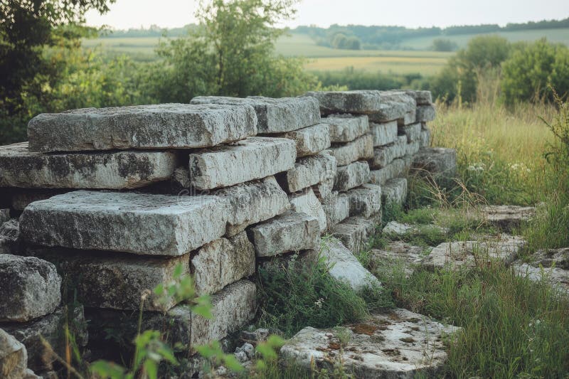 Stacked Limestone Slabs Create a Weathered Barrier in a Serene Field ...