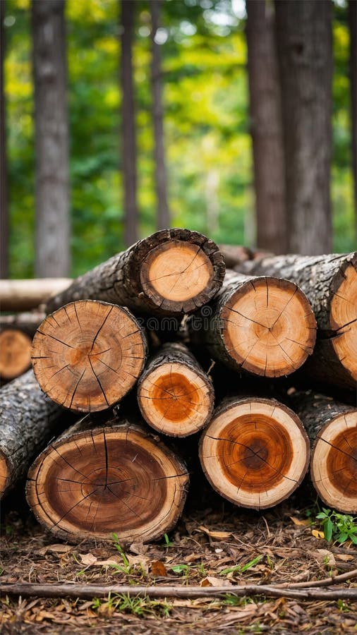 Stacked Logs in a Forest with Greenery in the Background, Forest Damage ...