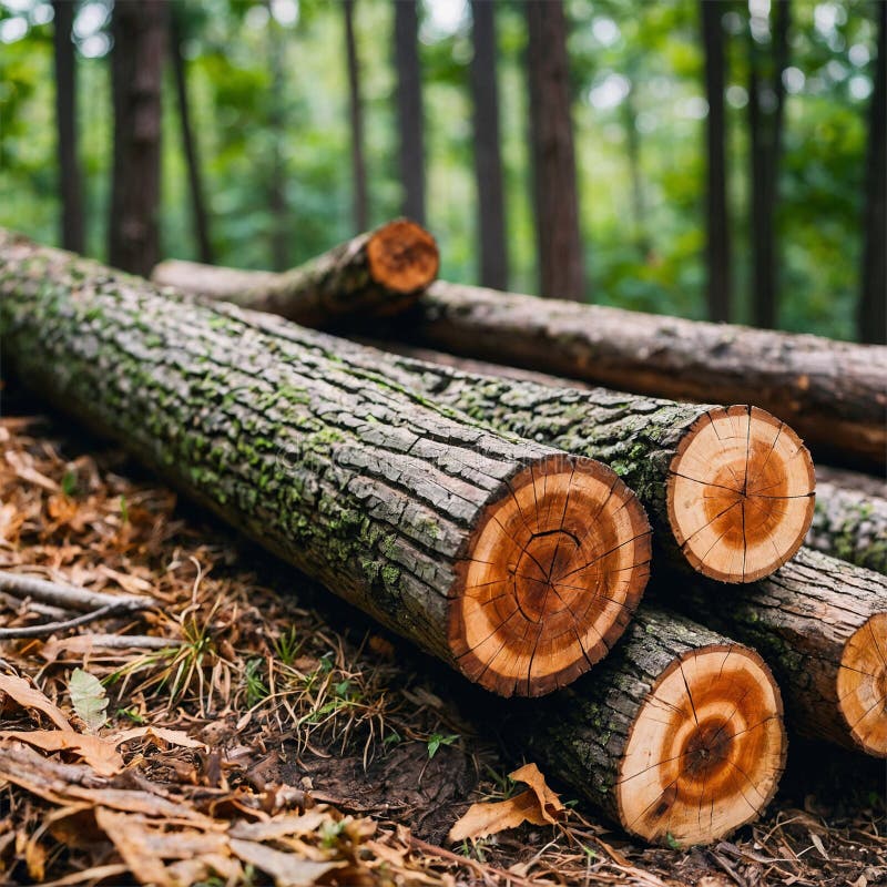 Stacked Logs in a Forest with Greenery in the Background, Forest Damage ...
