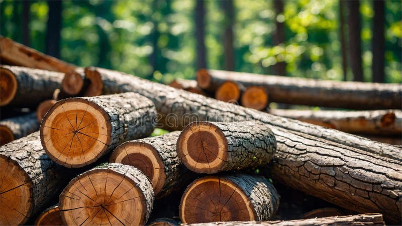 Stacked Logs in a Forest with Greenery in the Background, Forest Damage ...