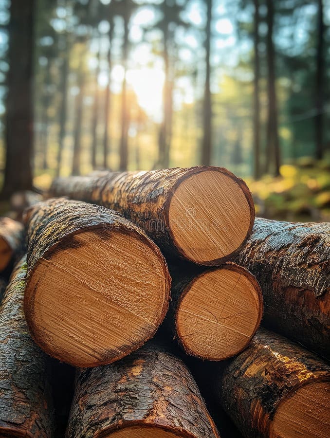 Stacked Logs in a Forest with Sunlight in the Background. Stock Photo ...