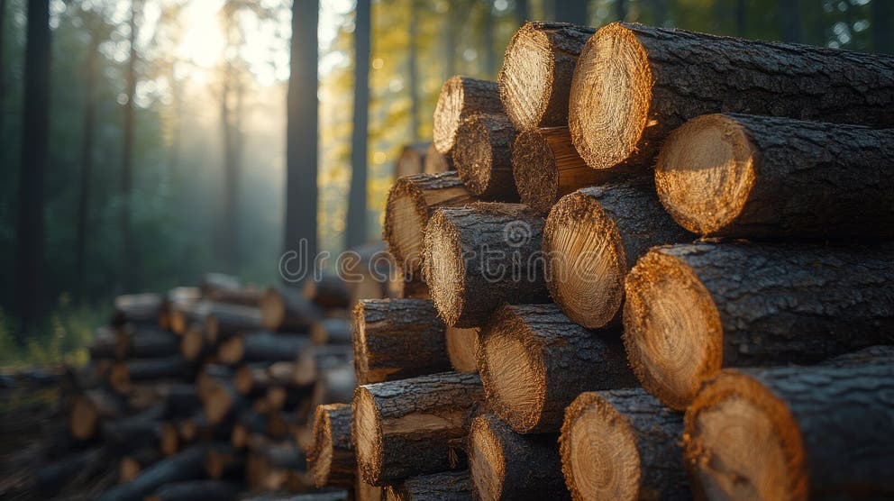 Stacked Logs in a Forest during Sunrise. Stock Photo - Image of ...