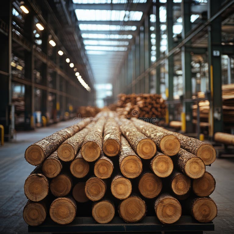 Stacked Logs Inside a Large Industrial Sawmill. Stock Image - Image of ...