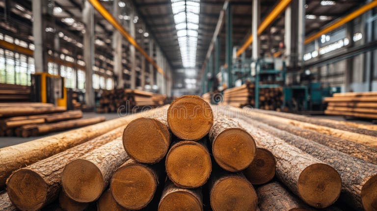 Stacked Logs in a Large Industrial Warehouse Interior. Stock Image ...