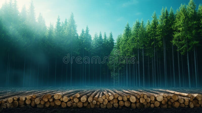 Stacked Logs in Misty Forest with Tall Trees Stock Illustration ...