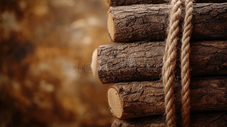 Stacked Logs Tied with a Rope Against a Rustic Backdrop. Stock Image ...