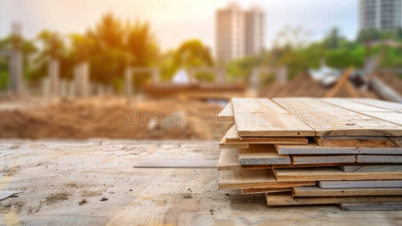 Stacked Lumber Beams Sit on the Ground at a New Home Construction Site ...