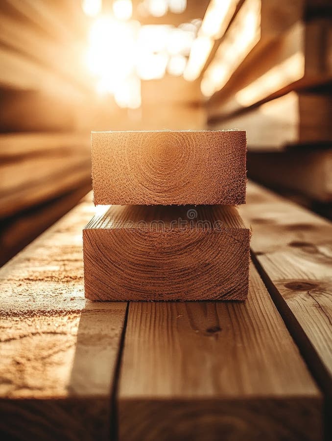 Stacked Lumber Beams with Sunlight Highlighting Texture. Stock Photo ...