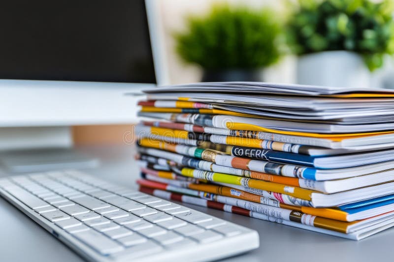 Stacked Magazines and Computer Keyboard on a Modern Desk in a Bright ...