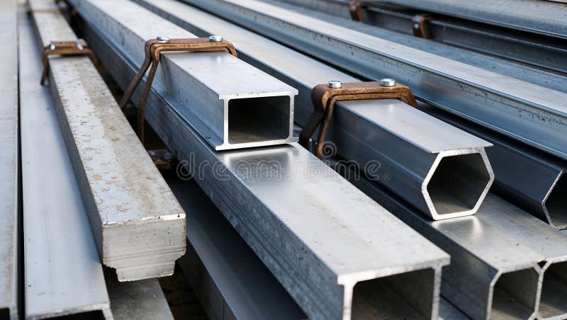 Stacked Metal Beams Ready for Construction in a Workshop during ...