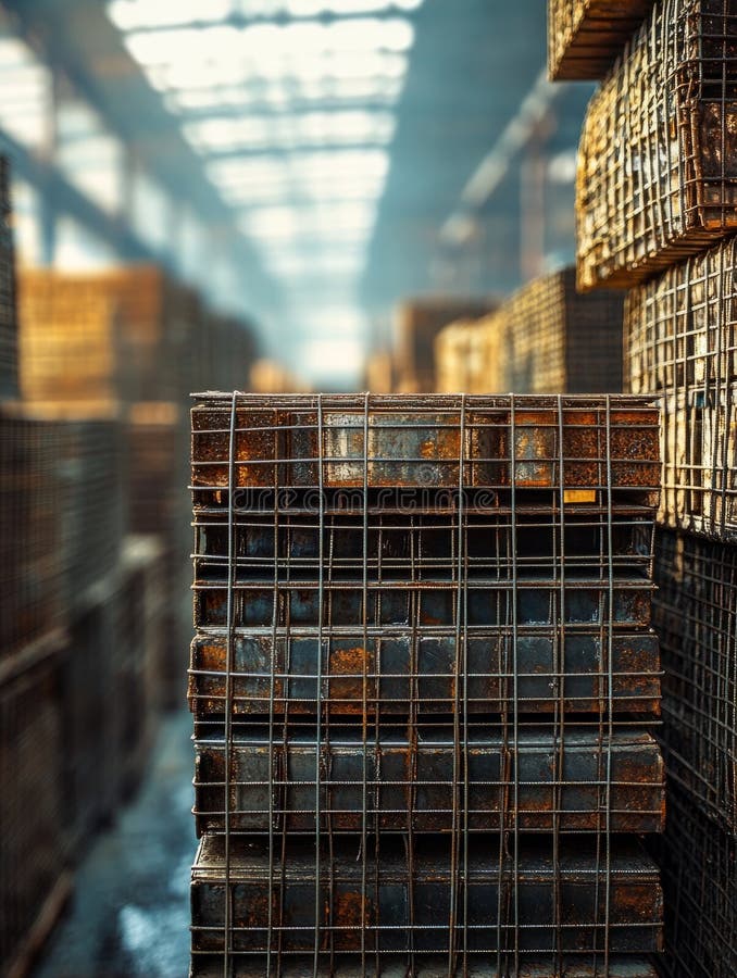 Stacked Metal Crates in a Dim Warehouse Setting. Stock Photo - Image of ...