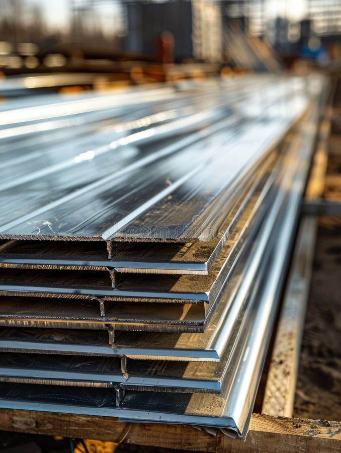 Stacked Metal Sheets at a Construction Site with Blurred Background ...