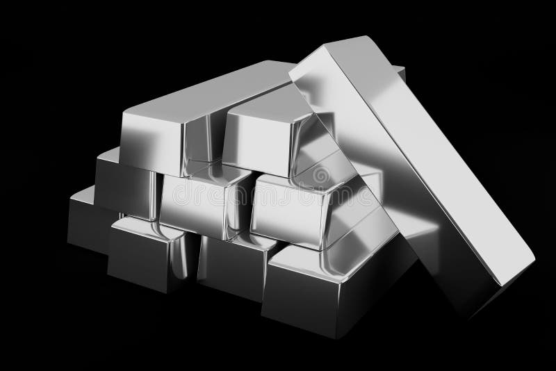 Stacked Metal Silver Bars Isolated on Black Background - 3D ...