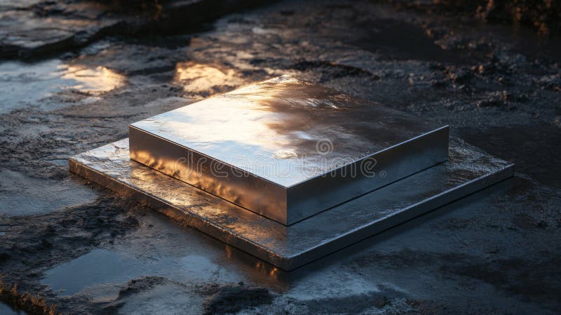 Stacked Metallic Blocks Reflecting Light on Wet Rough Surface Abstract ...