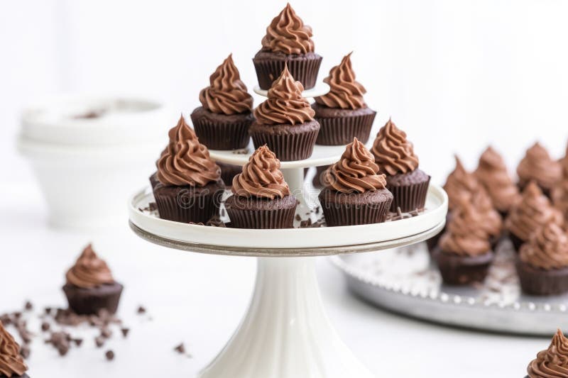 Stacked Mini Chocolate Cupcakes on a Cake Stand Stock Photo - Image of ...