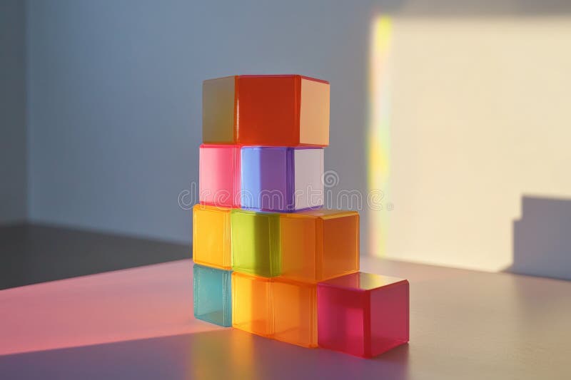 Stacked Multi-colored Cubes Arranged in an Uneven Tower on a Soft ...