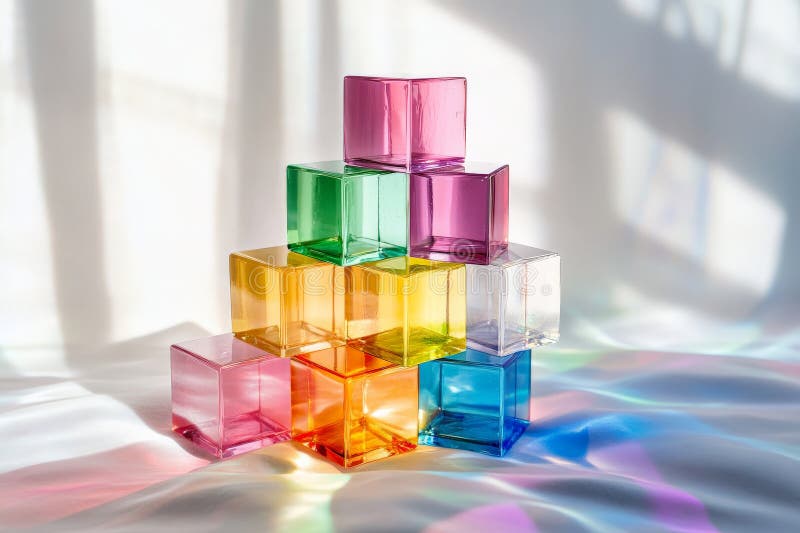 Stacked Multi-colored Cubes Arranged in an Uneven Tower on a Soft ...