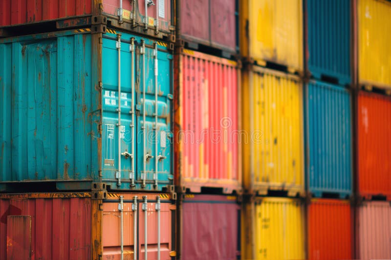 Stacked Multicolored Containers with Goods on Freight Ship Stock Photo ...